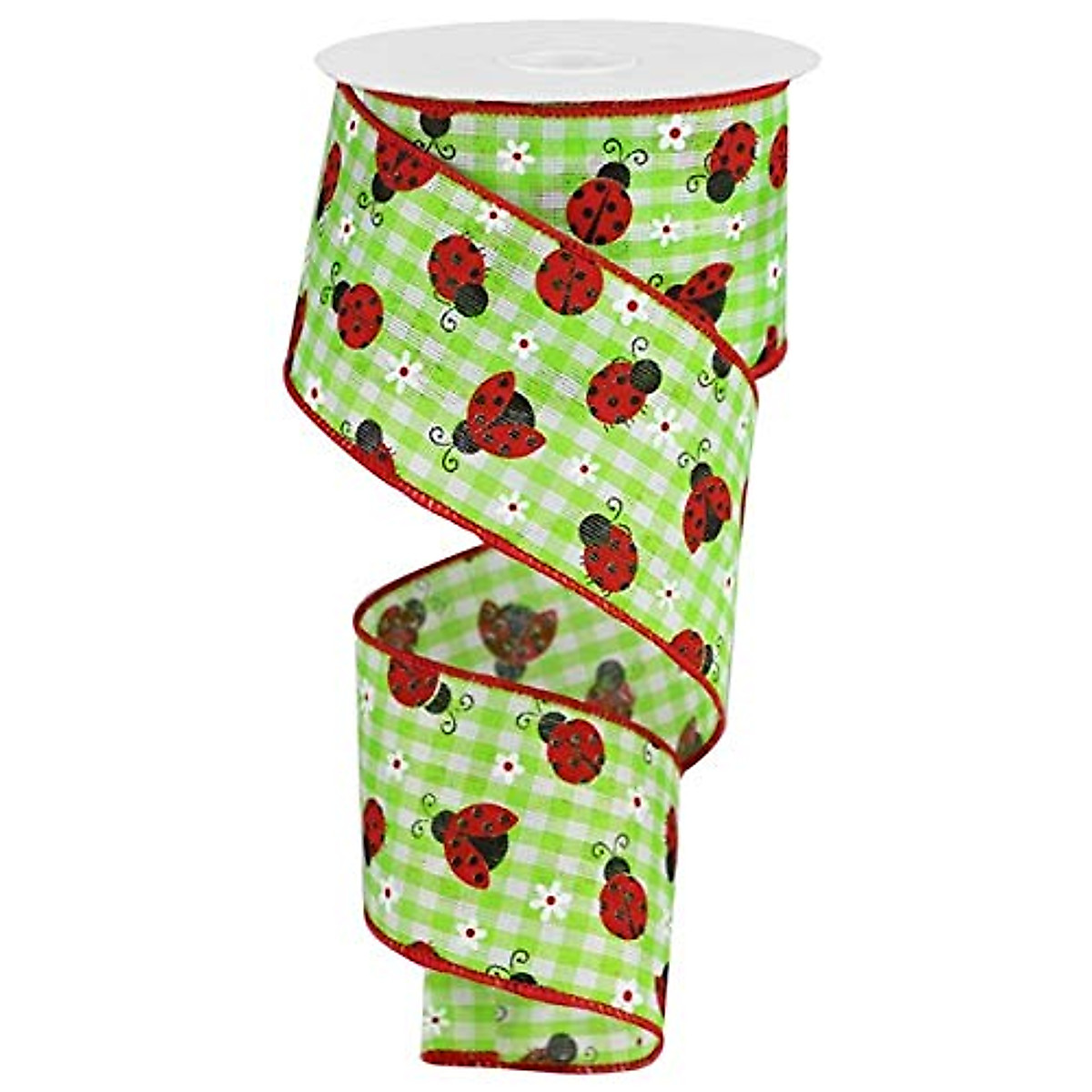 Mini Ladybugs on Canvas Wire Edged Ribbon - 10 Yards (Light Green Gingham, 2.5 Inch)