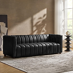 HULALA HOME 83" Genuine Leather Sofa, Sofa Leather for Living Room, 3 Seater Sofa Couch Top Layer Leather Large Sofa Furniture with Channel Tufted Seat Back & Square Arms (Camel)