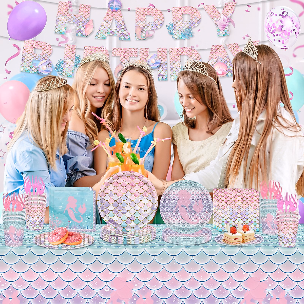 Mermaid Birthday Decorations, 147Pcs Mermaid Party Supplies-Serves 24 with Mermaid Plates and Napkins Tablecloth and Birthday Banner Balloons for Mermaid Theme Party Decorations