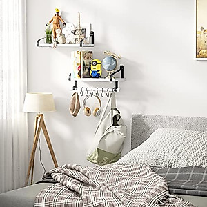 Love-KANKEI Floating Shelves for Coffee Bar,Bathroom Shelves with Wood Bar, Wall Shelves with 8 Hooks for Kitchen, 17.3 Inch Storage Shelves Set of 2 for Bedroom,Living Room，White