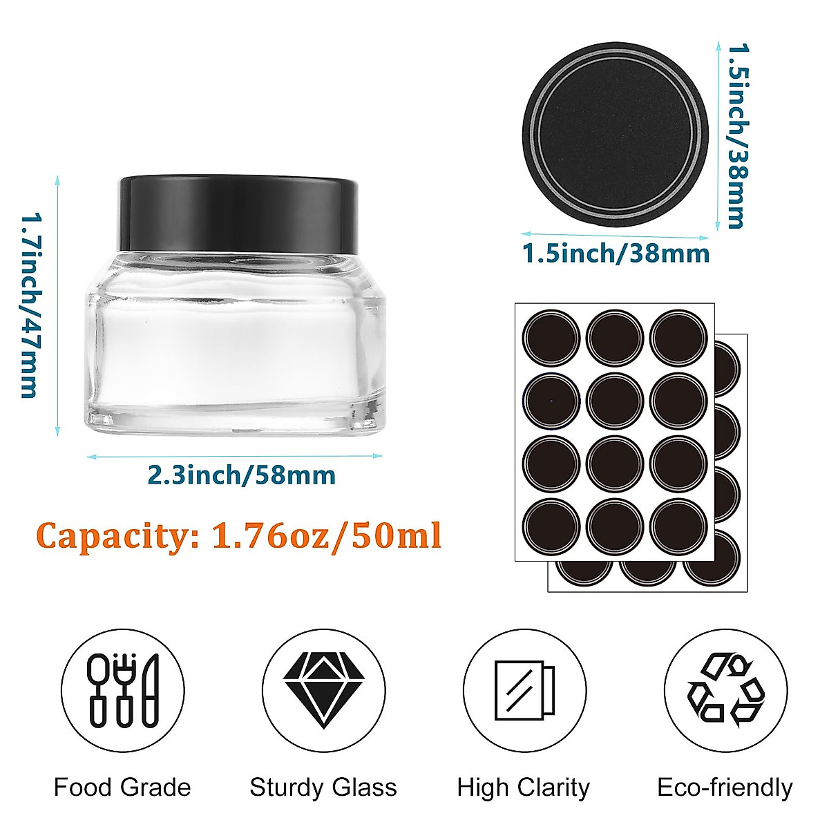 Acrux7 24 Pack Small Glass Jars, Round Clear Glass Jars with Black Lids, Labels & Inner Liners, Empty Refillable Glass Cosmetic Container Leak Proof Travel Jars for Cream, Lotion, Sample (1.76oz/50ml)