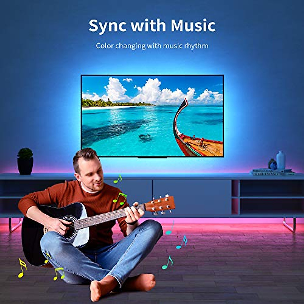 Hiromeco Bluetooth 21FT TV LED Backlight for 82 95 Inch, USB TV Background Lights Kit with APP Control, Music and Multiple Scene Mode, 16 Million Colors Changing Lights for PC Monitor Gaming Room.