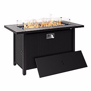 Walsunny 45 inch Outdoor Propane Fire Pit 50,000 BTU Gas Fire Pit Table with Lid, Glass Wind Guard, Waterproof Cover, Rectangle Gas Firepit Table for Garden/Patio, CSA Certification
