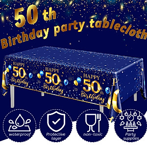 GREHUMOR 50th Birthday Decorations Men-3pcs Navy Blue 50th Birthday Table Covers Rectangle Waterproof Plastic Gold Blue Birthday Tablecloth for Men 50th Birthday Party Supplies
