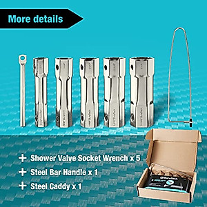 DURATECH Shower Valve Socket Wrench Set with Bar Handle for Removing Tub & Shower Valve，5-Piece, includes 21/32”x 27/32”, 29/32”x 31/32”, 1-1/32” x1-3/32”, 1-5/32”x1-9/32”, 1-11/32”x 1-7/16”