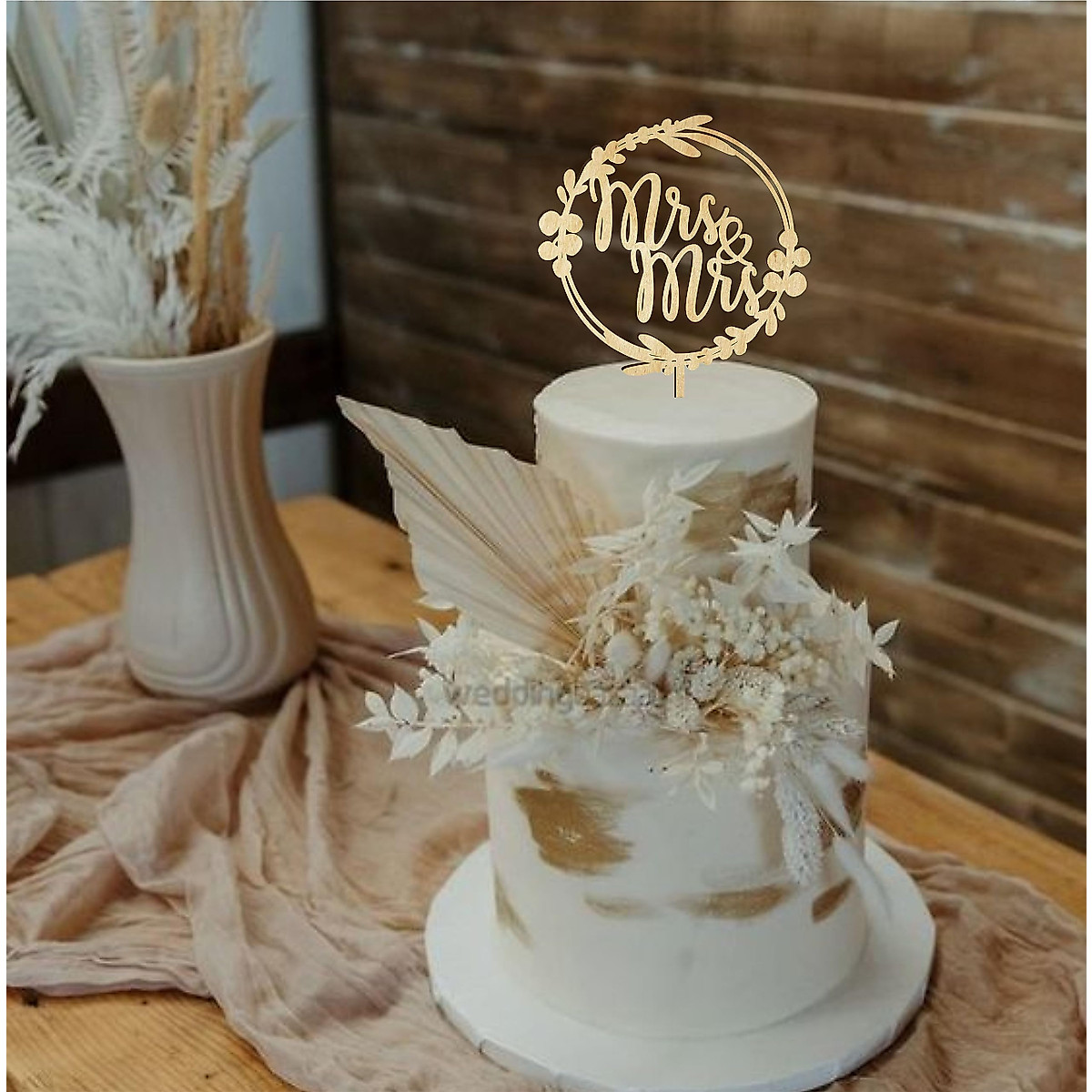 HappyPlywood Wedding Cake Toppers Mr Mrs Wooden Cake Topper with Leaves Floral