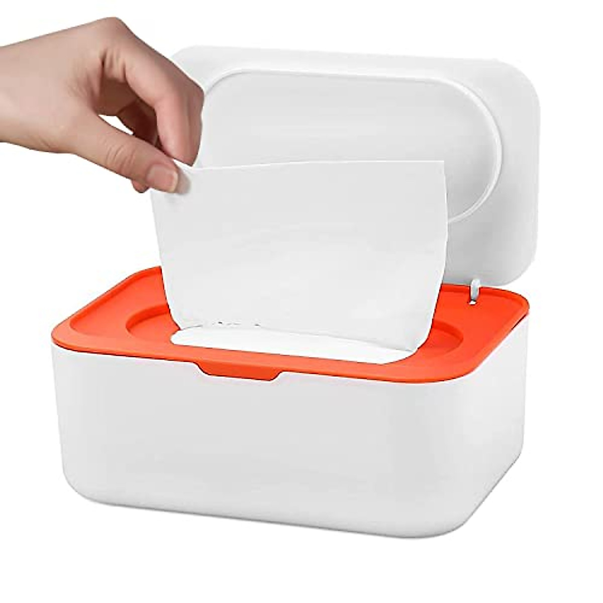 Babekin Wipes Dispenser, Perfect Pull Baby Wipes Holders, Sealing Design Wipe Container Keep Diaper Wipes Fresh, Dustproof Tissues Wipes Case for Home Office Car, Non-Slip (Orange-White)