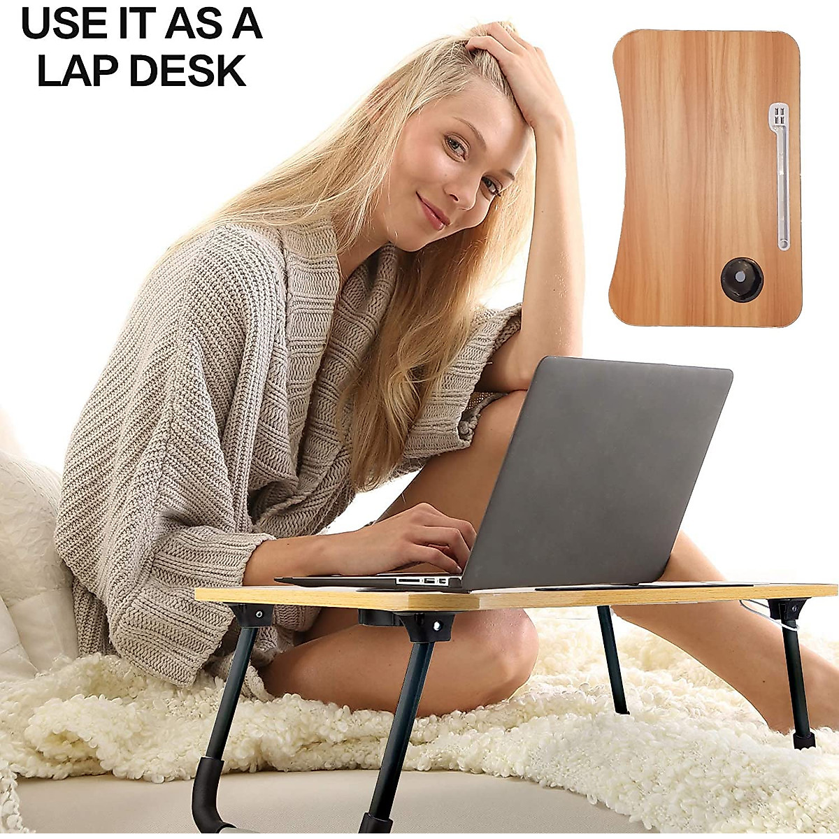 Hegreh Laptop Lap Desk for Bed Fits up to 17″ Laptops with Light,Lamp,Cup Holder, Laptop Bed Tray Table, 23.6" Foldable Laptop Desk, Laptop Stand for Working, Writing,Reading and Breakfast