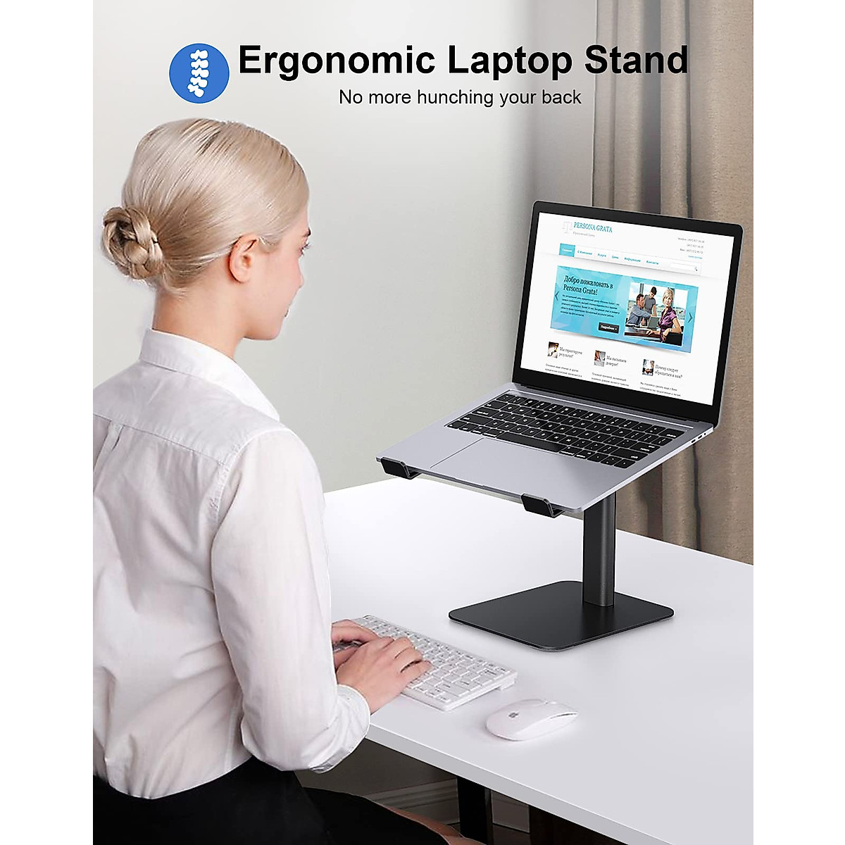 RIWUCT Laptop Stand for Desk, 8 Adjustable Height Aluminum Computer Stand, Ergonomic Laptop Riser Holder Sit to Stand Compatible with MacBook, Air, Pro and More 10"-16" Notebooks - Black