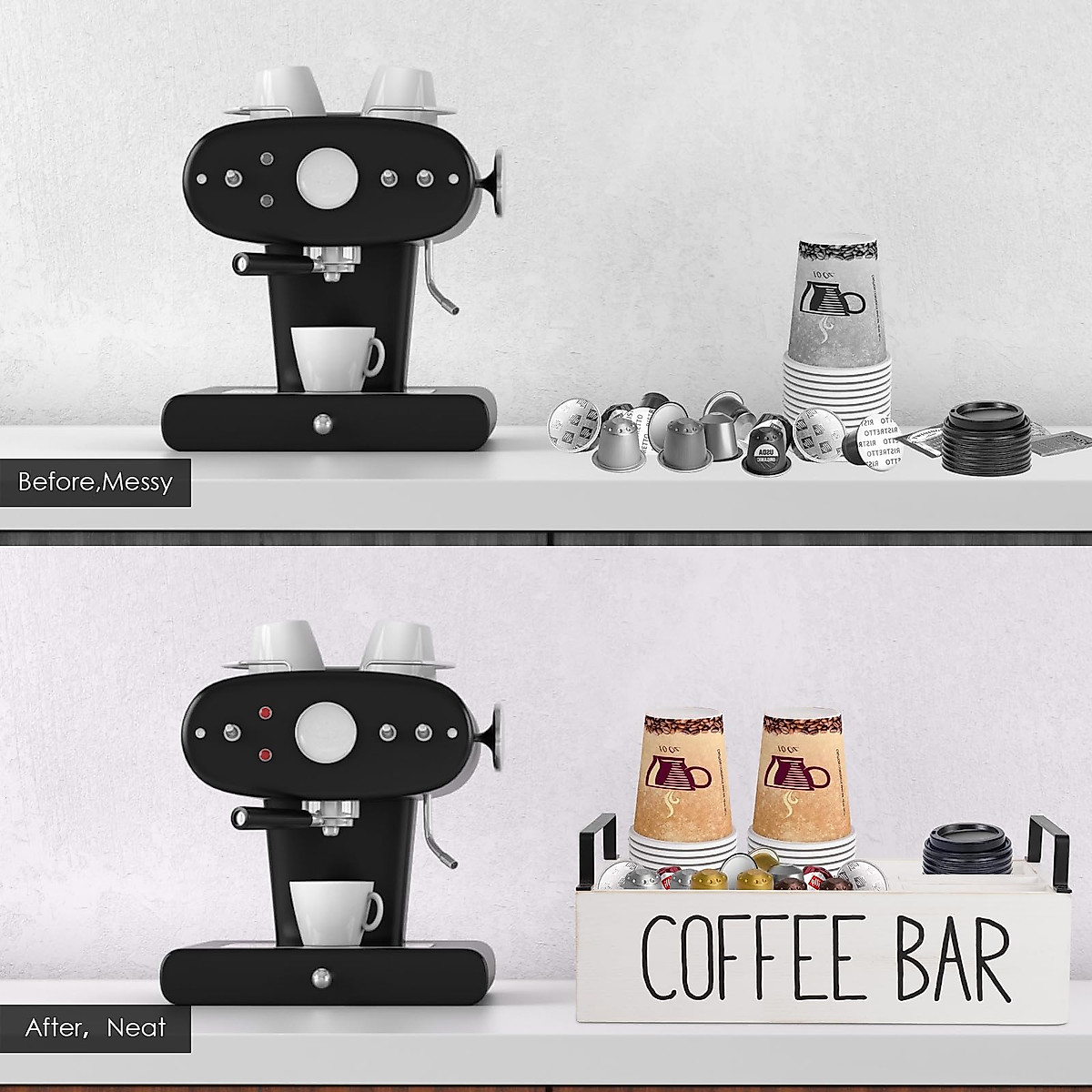 Pitmoly Coffee Station Organizer, Wooden Coffee Bar Accessories Organizer for Countertop, Farmhouse K Cup Coffee Pod Holder with Handle, Rustic Retro Storage Bin for Coffee Tea Bag (White)