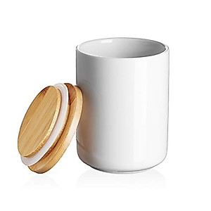 DOWAN White Kitchen Canister, Airtight Food Storage Ceramic Jar with Wooden Lid, 14 FL OZ (400 ML) Portable Canister for Tea, Sugar, Ground Coffee, Spices, 3.15 x 3.93 inches