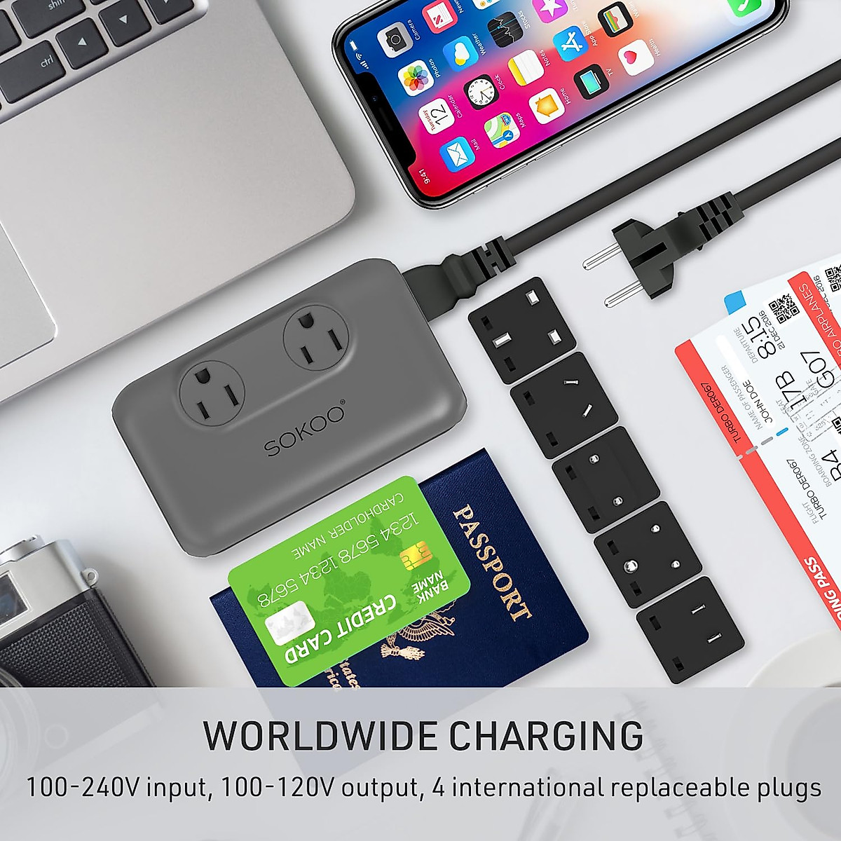 SOKOO 230-Watt Step Down 100-220V to 110V Voltage Converter, International Power Converter/Travel Adapter- Use for EU/UK/AU/US/India More Than 150 Countries, USB Quick Charger 3.0