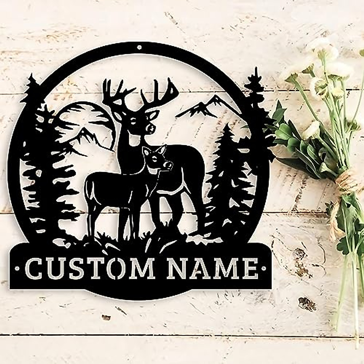 Lymnaraa Deer And Mountain Forest Metal Wall Art Custom Name Sign Outdoor Decor Deer Hunting Metal Wall Hanging Decor Personalized Gift for Family Friend Anniversary Wedding Gift