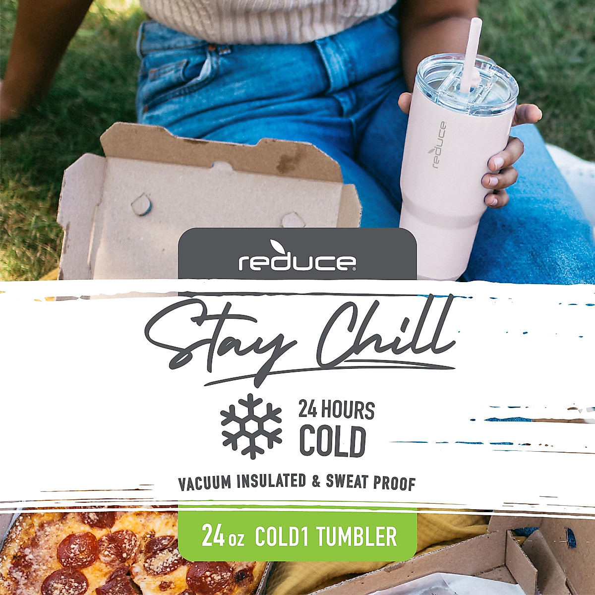 REDUCE Cold1 24 oz Tumbler with Lid and Straw - Dual-Wall Vacuum Insulated Stainless Steel Tumbler - Keeps Drinks Cold up to 24 Hours - Inner Ounce Markings to Track Hydration - OG Matcha