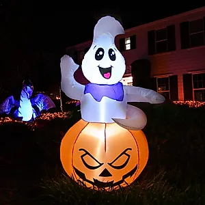 5 FT Halloween Inflatables Outdoor Decorations Ghost Pumpkin Decor with LED Lights and Air Pump Blow up Inflatable Clearance Halloween Decor Outside Garden Lawn Yard House