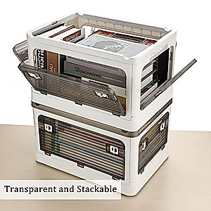 BTSKY 2 Pack Clear Plastic 4 Doors Collapsible Storage Bins with Lid & Wheels 20 L Foldable Lidded Storage Box Multifunctional Stackable Folding Organizer Cube for Camping Clothes Toys Snacks Storage Box Container (White)