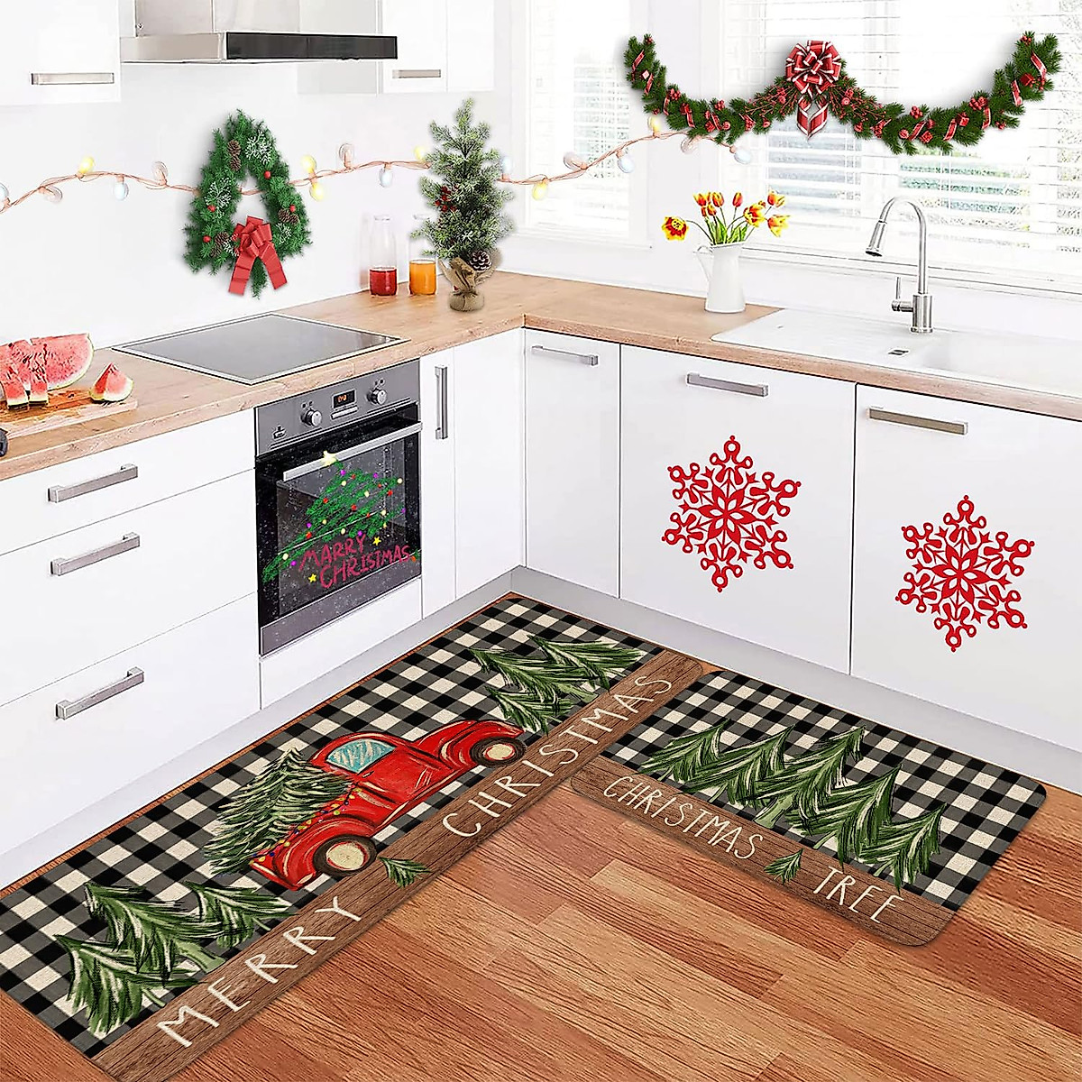Eikunn Christmas Kitchen Rugs Set of 2,Red Truck Christmas Tree Kitchen Mat for Floor,Winter Holiday Non-Slip Washable Kitchen Sink Mats Kitchen Decor Doormat+Runner Rug