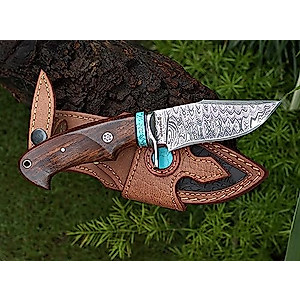 TIGEROUS Handmade Damascus Hunting Knife with Scout Horizontal Carry Leather Sheath Fixed Blade Full Tang for Camping, Hiking, Skinning,Survival (Deer Hunter) (Apo)