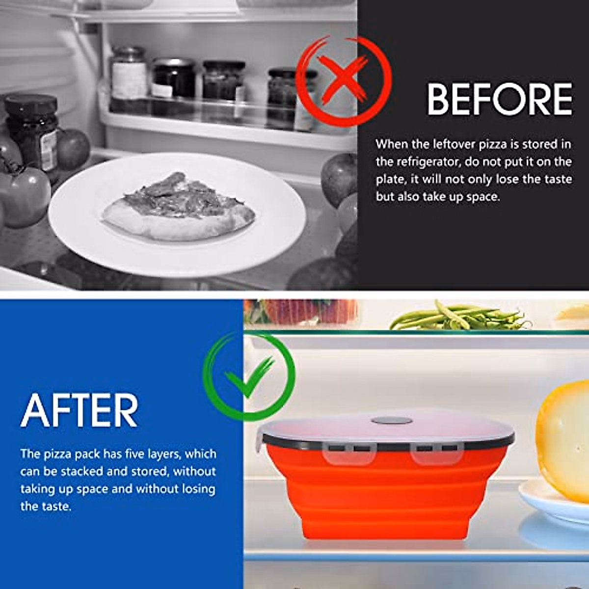 Pizza Storage Containers with Lids, Adjustable Pizza box with 5 Microwavable Serving Trays, Expandable Pizza Slice Container to Organize Space Reusable, Microwave Safe