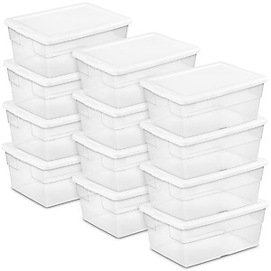 Sterilite 16448012 16 Quart/15 Liter Storage Box, White Lid with Clear Base, 12-Pack