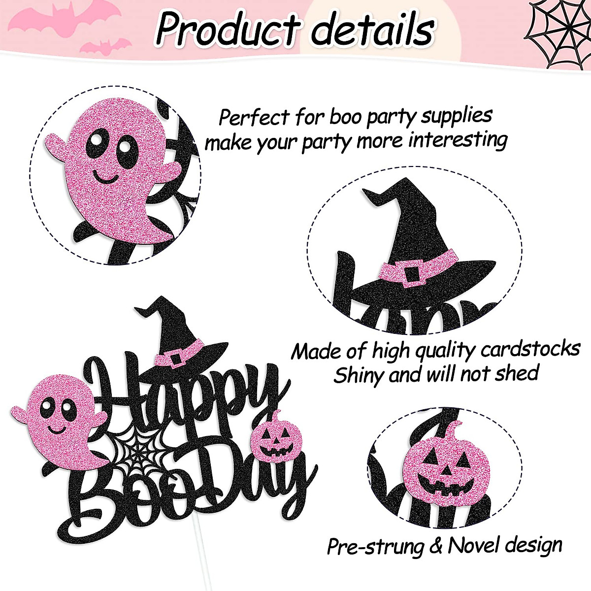 Happy Boo Day Cake Topper Pink and Black Halloween Cake Decoration Halloween Ghost Witches Bat Spider Pumpkin Theme for Kids Girl Birthday Baby Shower Party Supplies