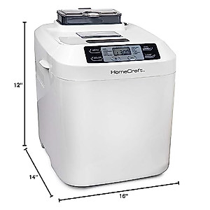 HomeCraft HCPBMAD2WH Bread Maker with Auto Fruit & Nut Dispenser Makes 2 Lb. Loaf Size, 3 Crust Options, Programmable Settings, 14"D x 16"W x 12"H, White