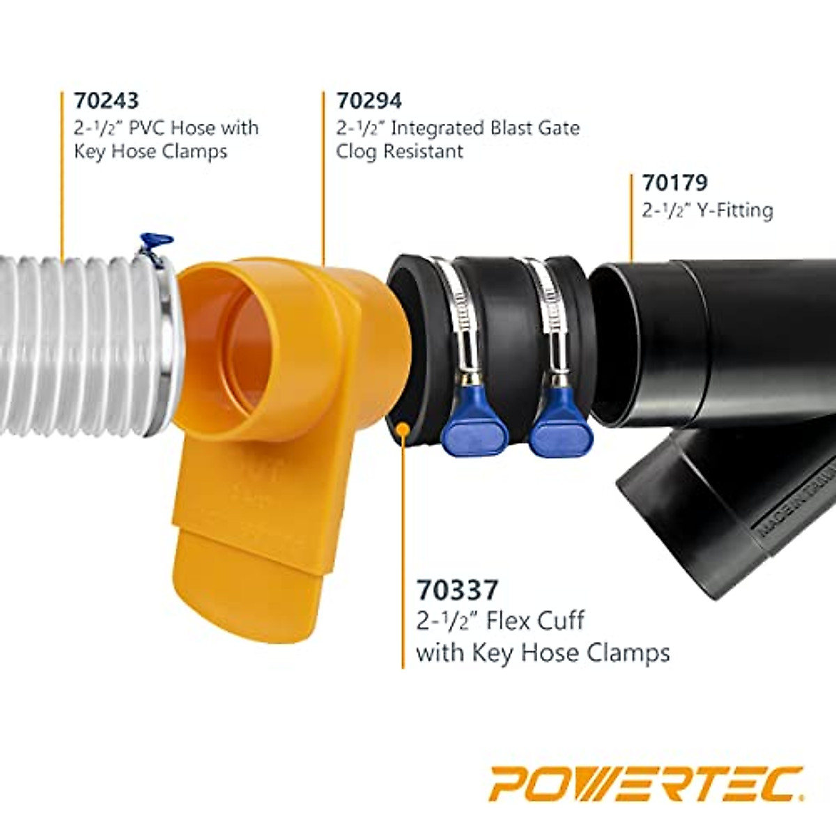 POWERTEC 70337 2-1/2" Dust Control Flex Cuff with Adjustable Key Hose Clamps, Hose Connector Rubber Cuff Coupler for Woodworking Dust Collection Fittings, Dust Collector Accessories & Machinery, 1pk