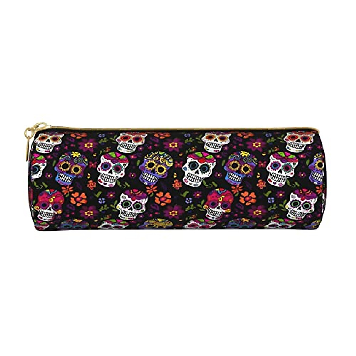Aieefun Sugar Skull And Flowers Cylinder Pencil Case Holder Zipper Pen Bag Pouch Cosmetic Makeup Bag