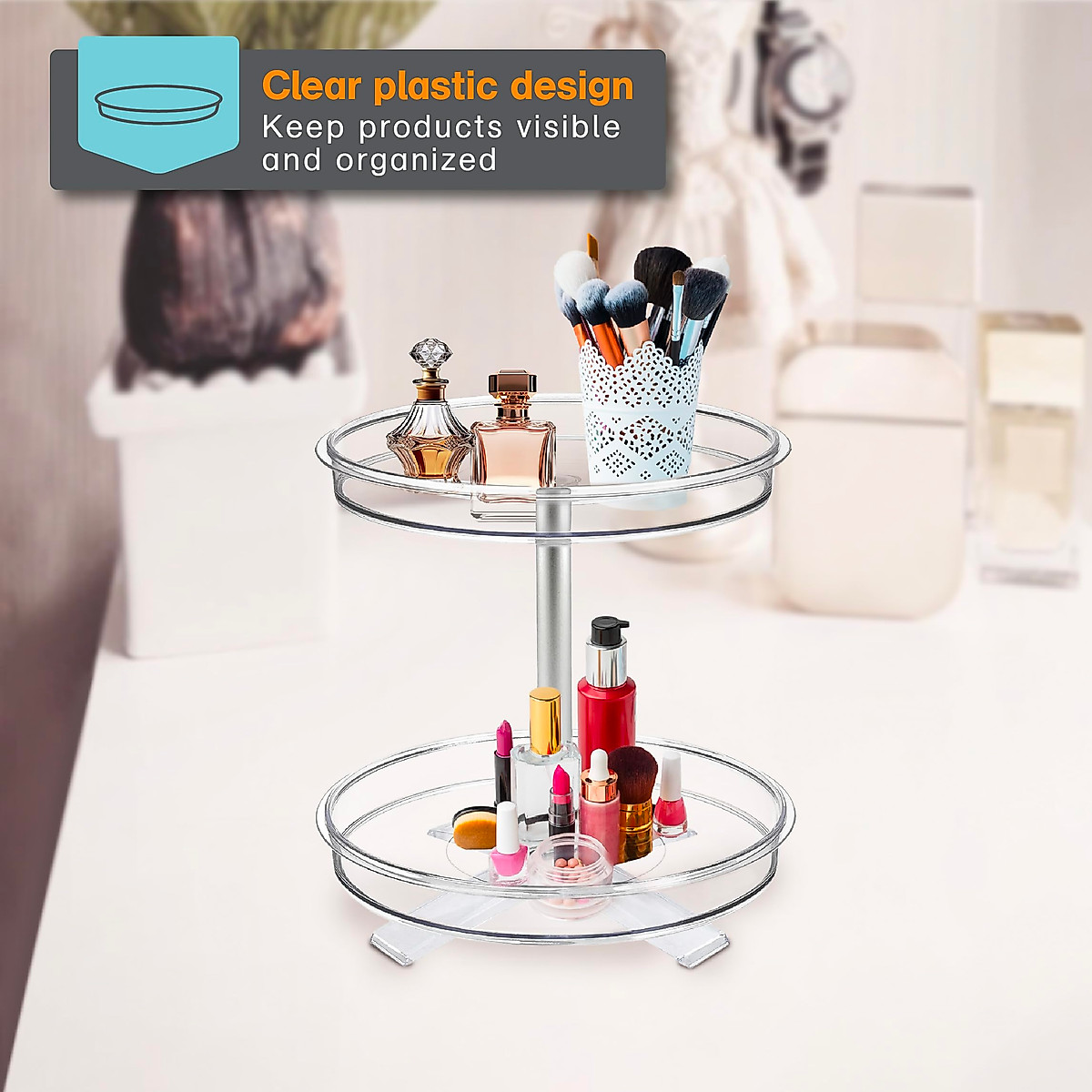 Polder 2-Tier Spinner Caddy, 365 degree turntable, clear lazy susan, under sink, cabinet or pantry storage