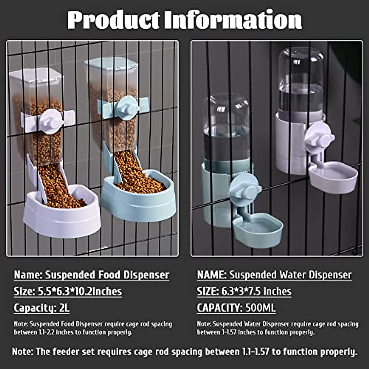 kathson Rabbit Food Water Dispenser Pet Cage Automatic Feeder 2L Food Dispenser 17oz Waterer Small Animal Hanging Bottle Bowl Set for Rabbit Cat Small Dog Ferret Puppy