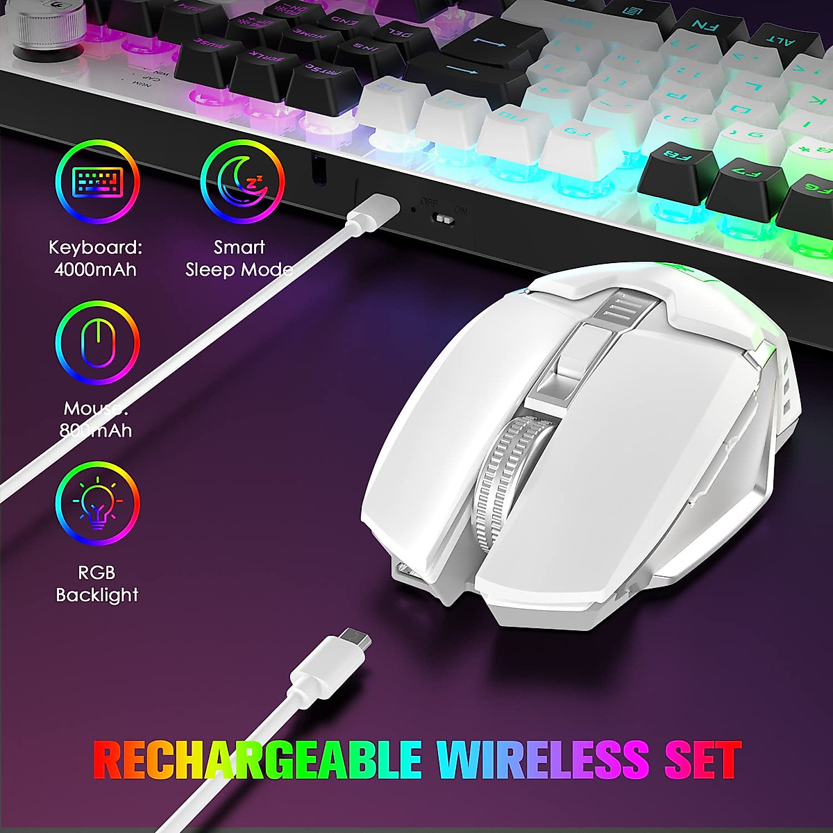 FELICON Rechargeable 2.4G Wireless Keyboard and Mouse Combo Suspended Keycap Mechanical Feel Backlit Gaming Keyboard & Mouse Adjustable Breathing Lamp for Laptop Computer and Mac