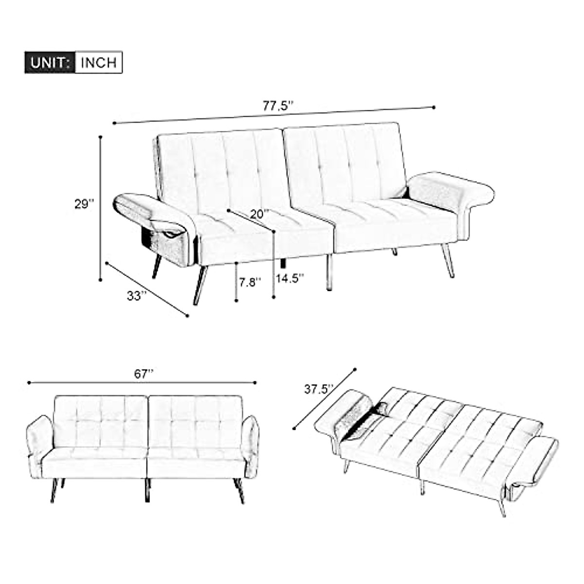 Majnesvon Modern Sofa Bed with Convertible Backrest, Convertible Armrests and Storage Pocket for Living Room, Bedroom, Office, Velvet Material (Beige)