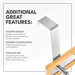 ToiletTree Products Bamboo Stainless Steel Over-The-Door Towel Hooks - Durable Coat, Clothes, and Towel Rack to Use in The Bathroom, Laundry Room, and Closet - 3 Hooks