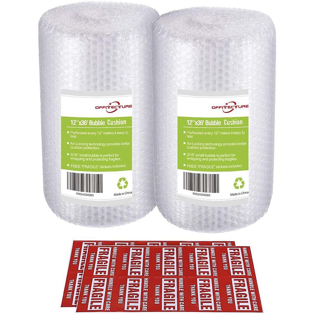 2-Pack Bubble Cushioning Wrap Rolls, 3/16" Air Bubble, 12 Inch x 72 Feet Total, Perforated Every 12", 20 Fragile Stickers Included