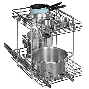 Hold N’ Storage 2 Tier Pull Out Cabinet Organizer Shelves – Heavy Duty Metal with 5 Year Limited Warranty -15"W x 21"D x 17-3/4"H