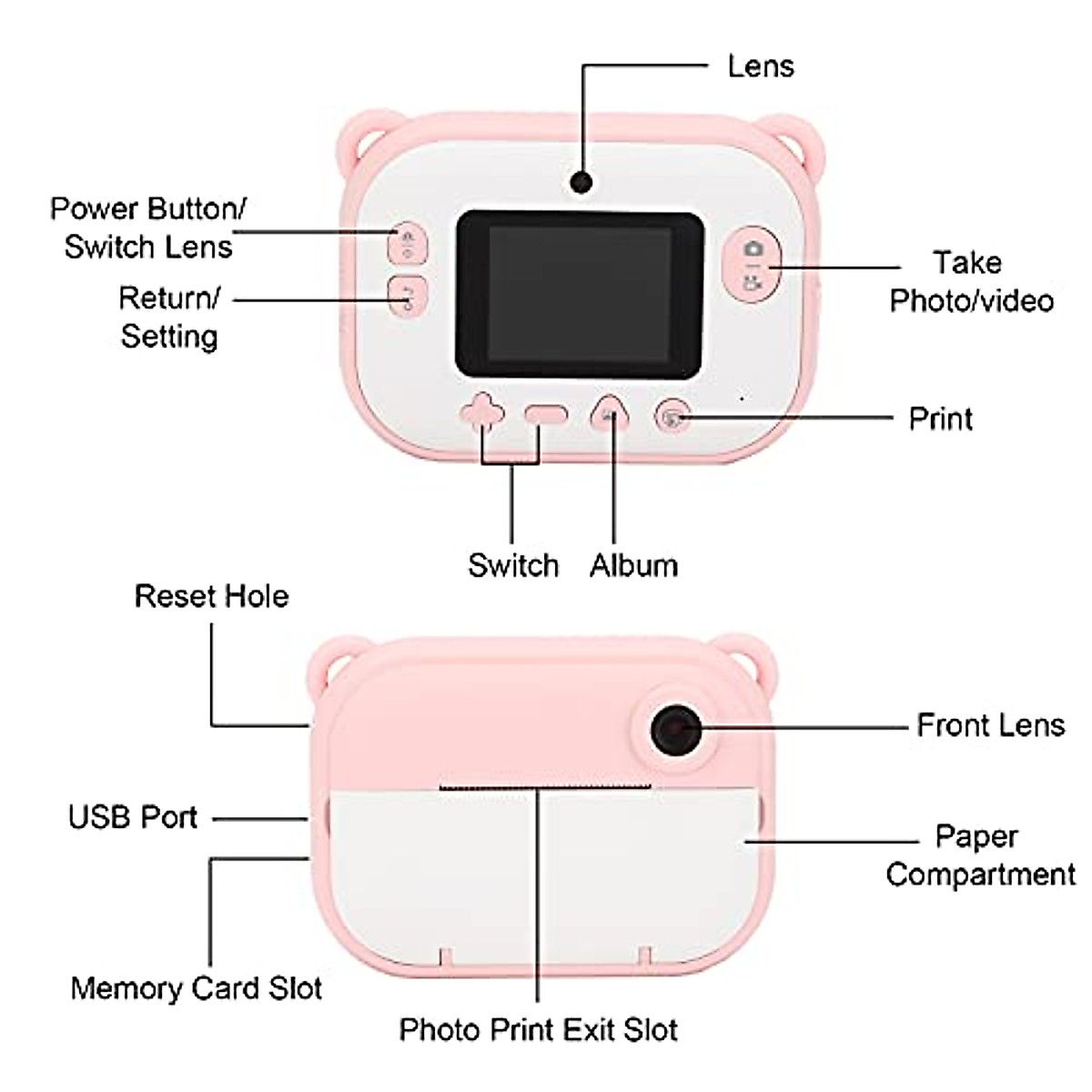 Instant Print Camera, Portable Digital Camera Printing Camera 200DPI for Kid for Children(Pink)