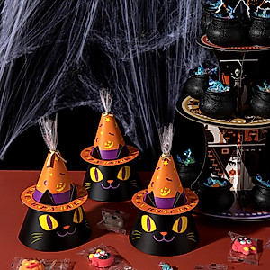 PARBEE Halloween Treat Boxes 20 Set Black Cat Candy Box with Cellophane Cookie Bags & Twist Ties, Trick or Treat Goodie Bags Halloween Party Tabeltop Centerpiece