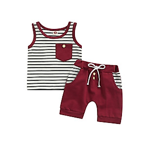 Toddler Baby Boy Summer Outfits Shorts Solid Short Sleeve T-Shirt Tops Casual Clothes Set (Brick Red, 18-24 Months)