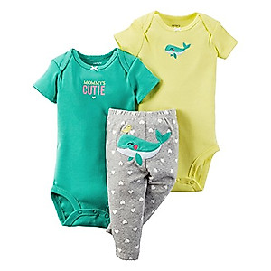 Carter's Girl "Whale" 3-Piece Bodysuit & Pants Set; Yellow, Green & Gray NB