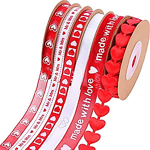 Zhanmai 6 Pieces Valentine's Day Ribbons Printed Heart Wired Ribbons Craft Satin Ribbons for Gift Wrapping DIY Supplies