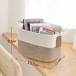 Goodpick Woven Storage Basket for Shelves, Cotton Rope Dog Toy Bin, Empty Gift Basket with Handles, Square Baskets for Storage Shelves, Brown and White Storage Bin, 13.5 x 11 x 9.5 Inches