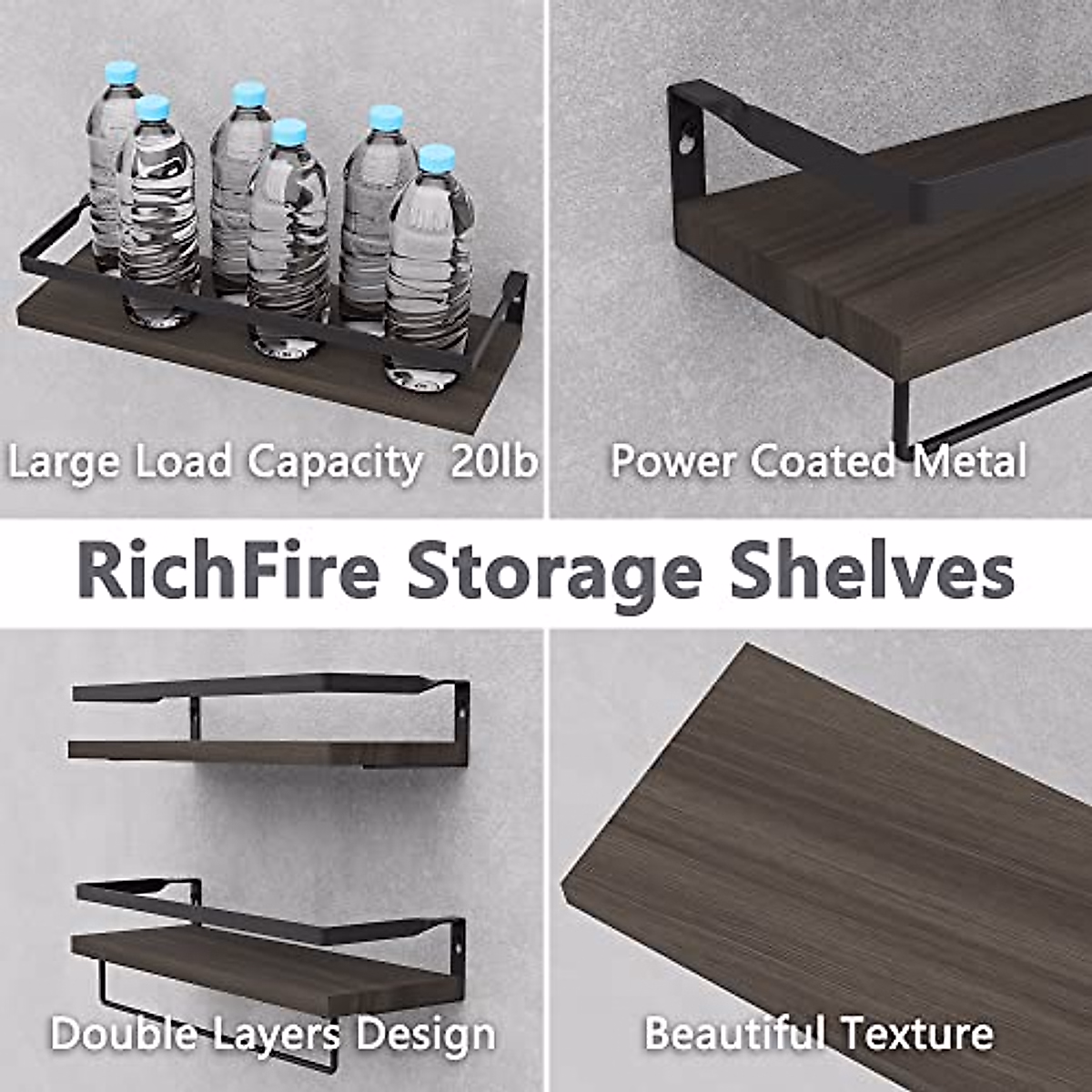 RichFire Floating Shelves Set of 2, Wall Shelves for Bathroom, Kitchen, Bedroom& Living Room, Dark Brown Shelves for Wall Décor, Shelves with Towel Bar