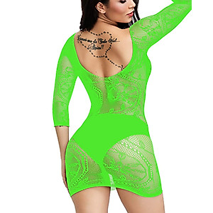 Woosifun Women Fishnet Lingerie Sleepwear Loong Pattern Mesh Babydoll Mini Dress Free Size Bodysuit One Piece Green