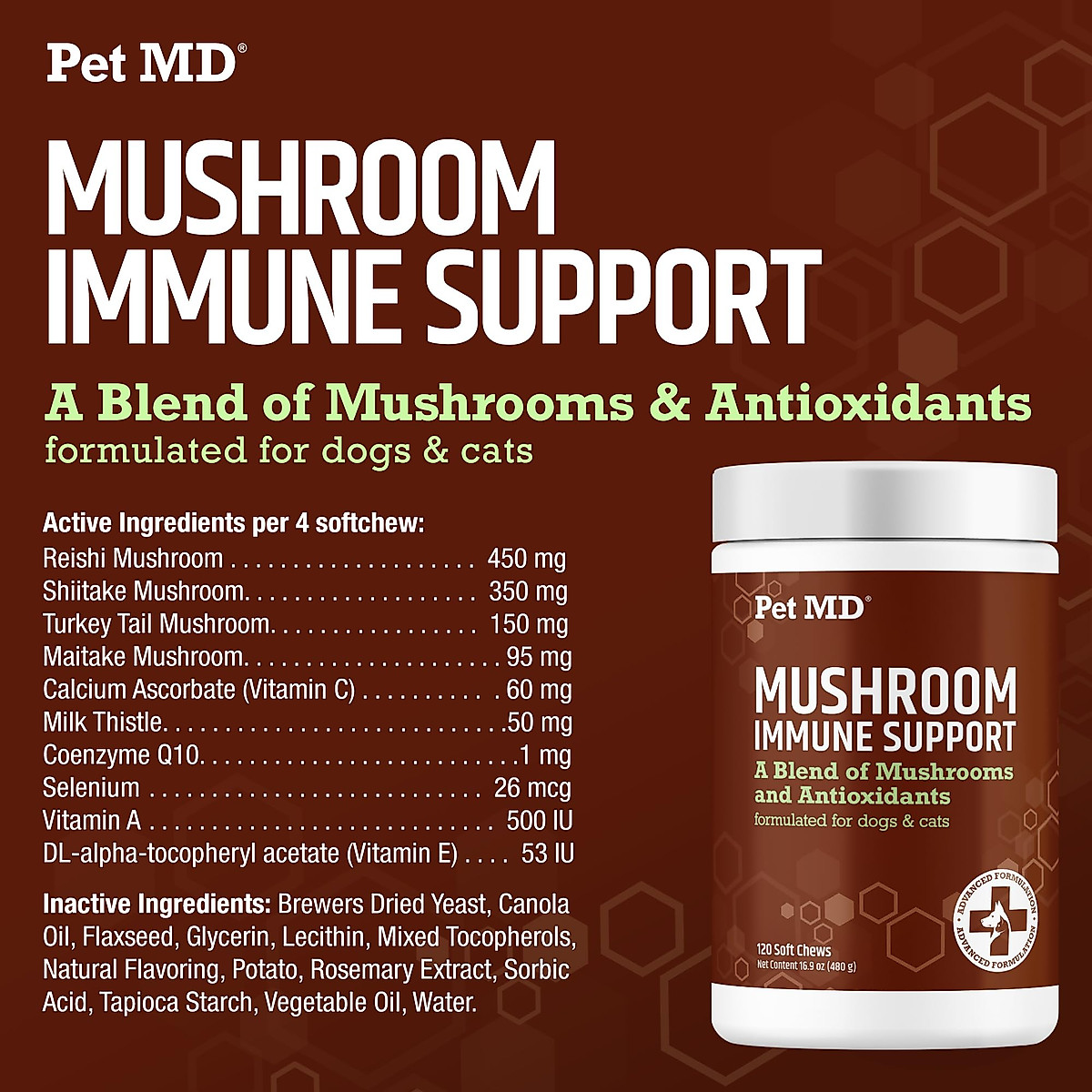Pet MD Mushroom Immune Support - Turkey Tail Mushroom for Dogs - Mushroom Cat Immune Support Supplement - Milk Thistle for Dogs & Cats with CoQ10 for Dogs - Immunity Supplement for Dogs - 120 Chews