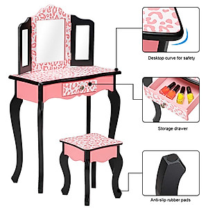 Bonnlo Kids Vanity Set, Princess Vanity Table with Stool, Tri-Folding Mirror Desk for Girls Makeup Dressing Table with Drawer Play Vanity Set