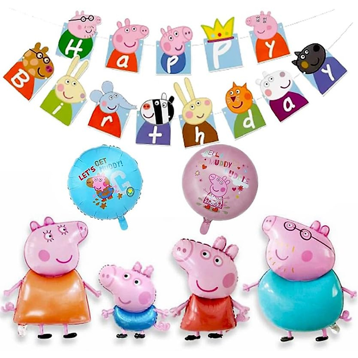 Pig Birthday Party Decorations, 1 Happy Birthday Banner 6 Large Pig Balloons Foil Balloons Table Cover - 1.8m Birthday Party Decoration Supplies