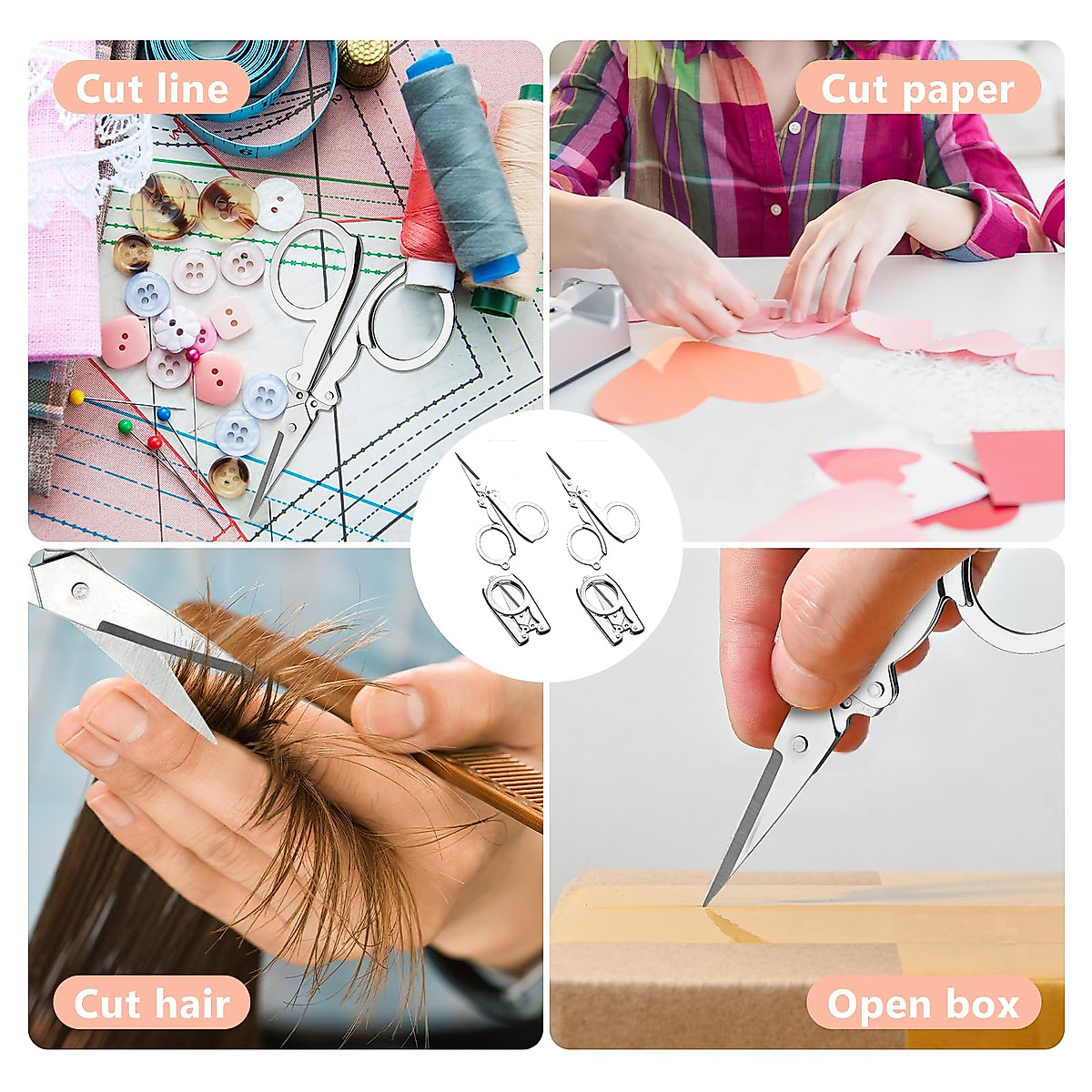 PDCTACST Small Folding Scissors, 4 PCS Mini Stainless Steel Foldable Scissor, Portable Travel Cutter Pocket Craft Scissors for School Classroom Home Camping Sewing Paper Cutting DIY Fabric Project