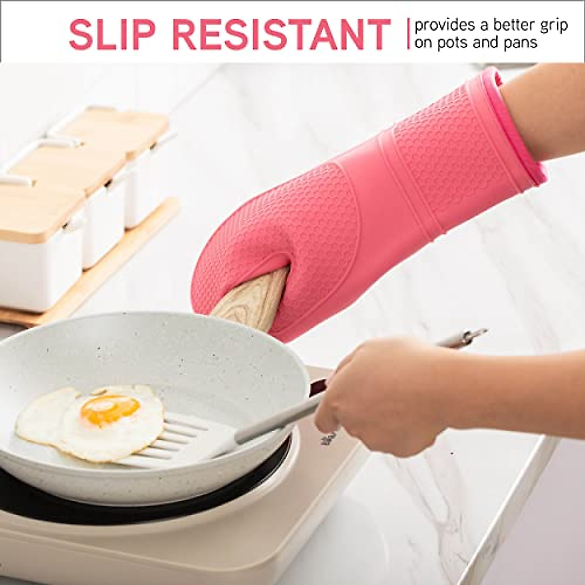 COOK WITH COLOR Silicone Oven Mitts- Heat Resistant Gloves with Soft Quilted Lining Oven Mitt Pot Holders for Cooking and BBQ, Pink, Oven Mitt