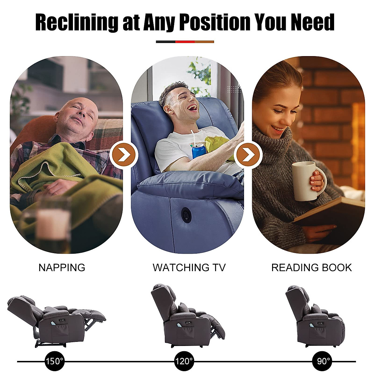 VUYUYU Power Recliner Chair with Heat and Massage, Faux Leather Recliner Sofa Chairs for Living Room Home Theater Seating with Colorful LED Lights/Cup Holders/Side Pocket/USB Port/Infinite Position