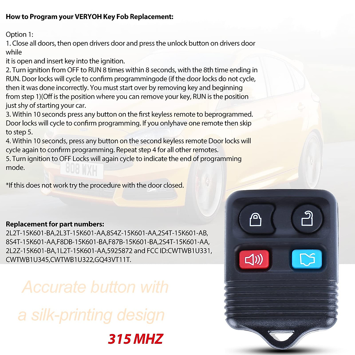 Car Keyless Entry Remote Key Fob Replacement fits for Ford Mustang Focus Expedition Explorer Taurus Fusion Escape, Mercury P/N: CWTWB1U345 GQ43VT11T 315Mhz (Set of 2)